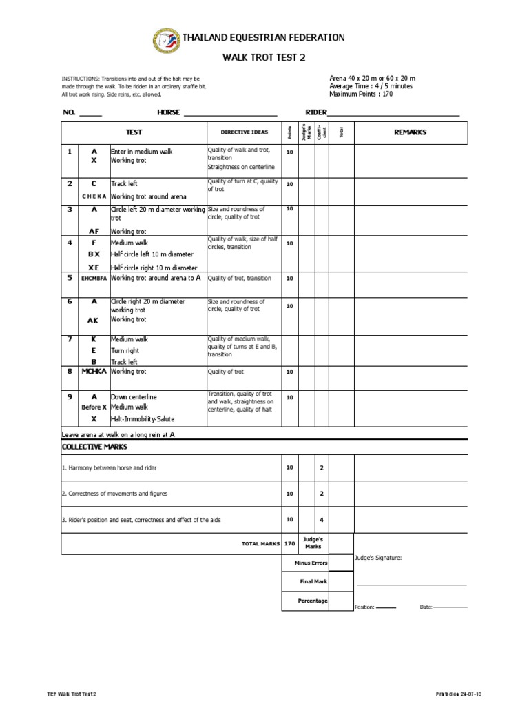 TEF Walk Trot Test 2 & Preliminary Test 2 | PDF | Horse Gait ...