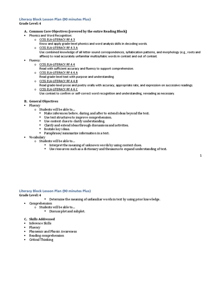 Literacy Block Lesson Plan | PDF | Reading Comprehension | Phonics