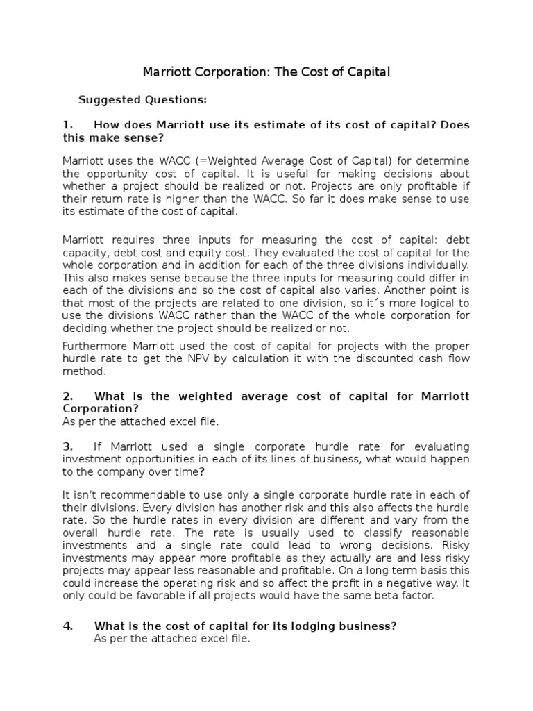 Marriott Case Analysis | PDF | Cost Of Capital | Corporations