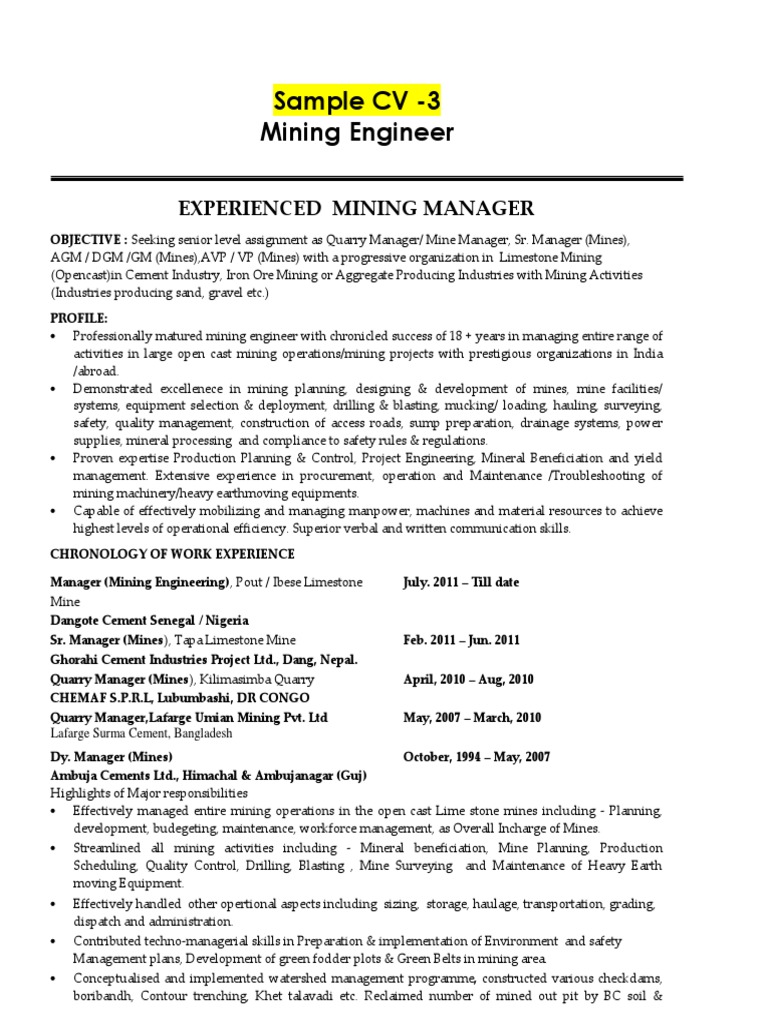 Mining Engineer Recruitment India CV 3 | PDF | Mining | Cement