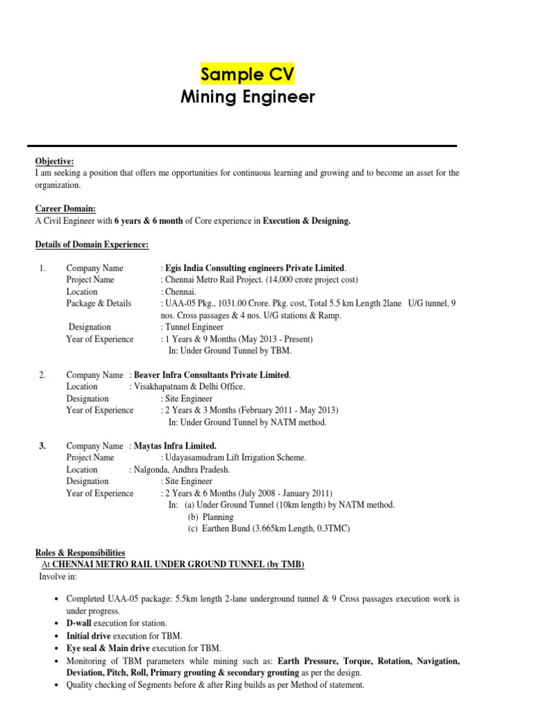 Mining Engineer Recruitment India - Sample CV2 | PDF | Tunnel | Civil Engineering
