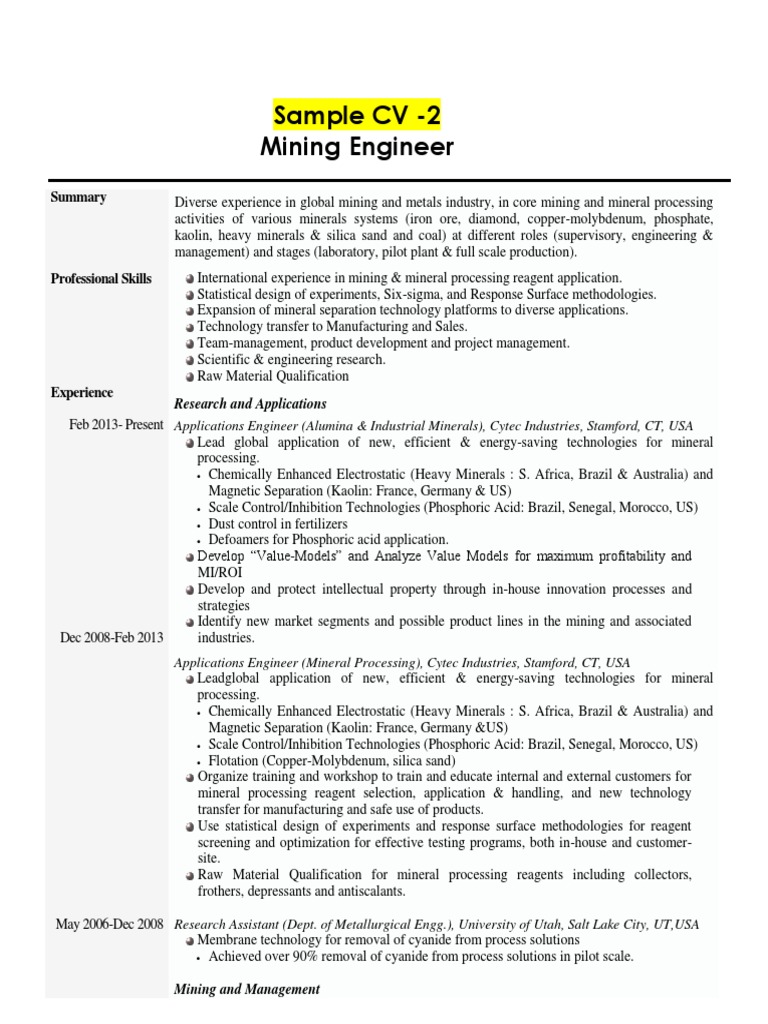 Mining Engineer Recruitment Sample CV | Download Free PDF | Coal Mining ...