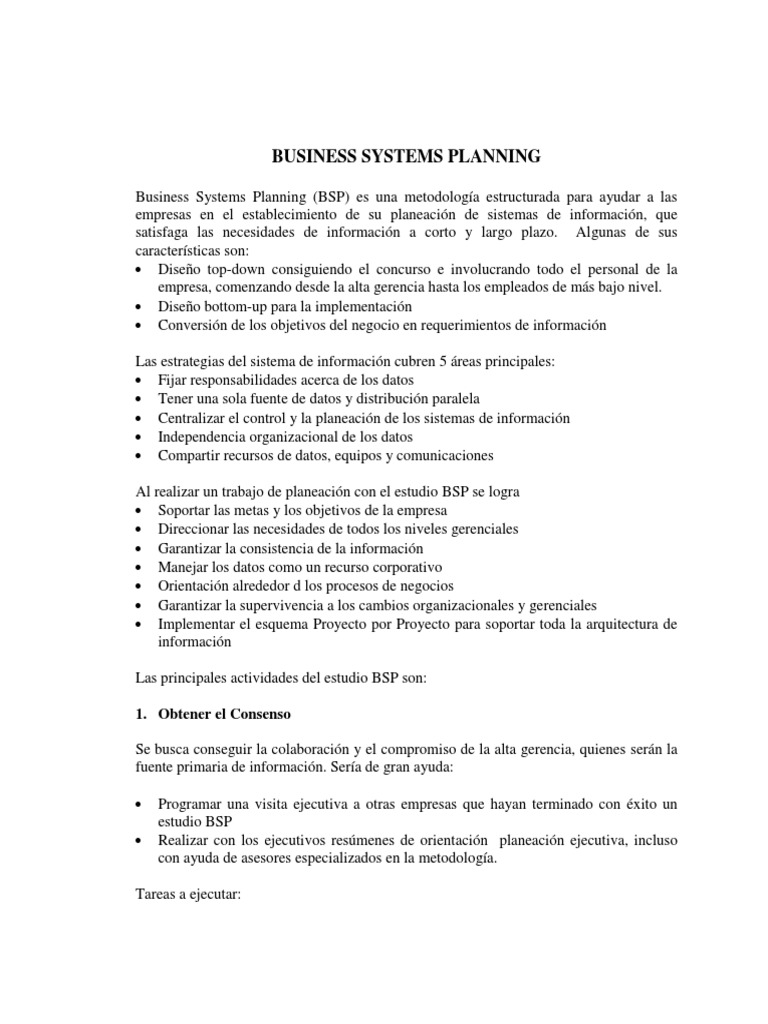 Business Systems Planning (BSP) | PDF | Planificación | Toma de decisiones