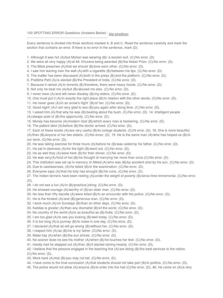 100 Spotting Error Questions | PDF