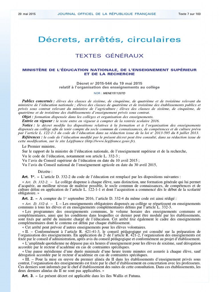 Décret relatif à l’organisation des enseignements au collège | France ...
