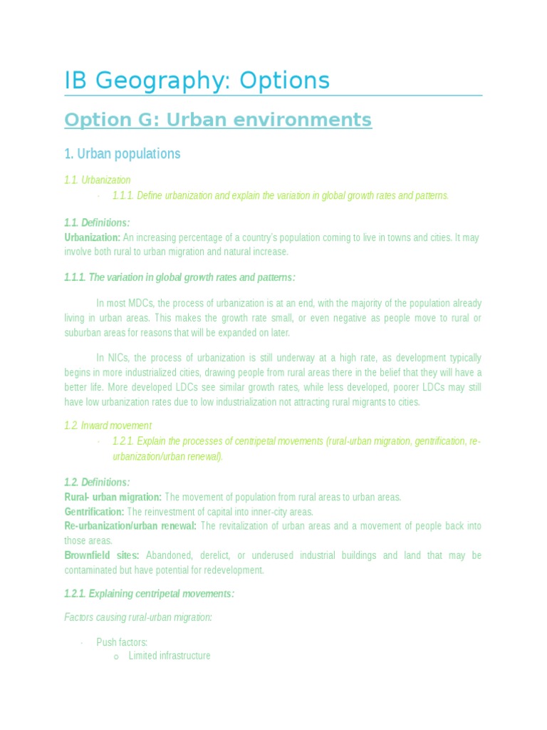 Ib Geography Option G Notes Pdf Urbanization Sustainability