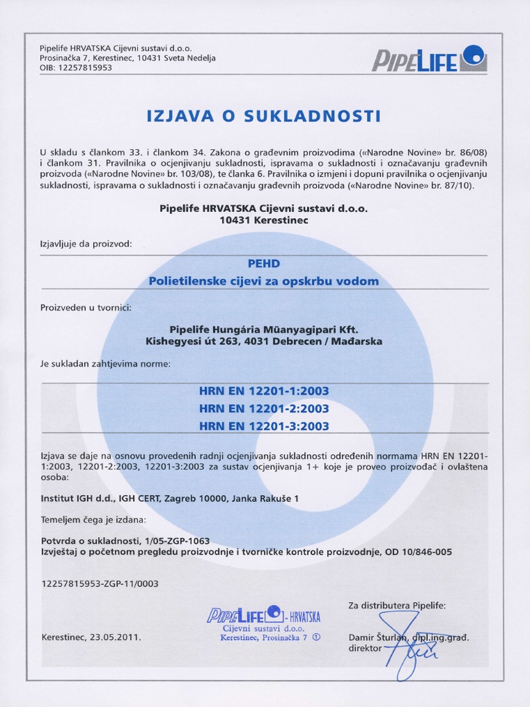 02 - Izjava o Sukladnosti - PEHD Voda | PDF