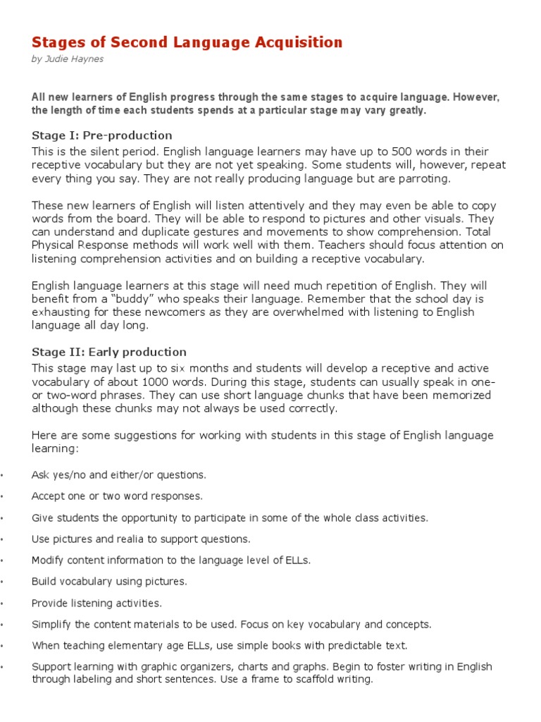 Stages of Second Language Acquisition | PDF | Vocabulary | English As A ...