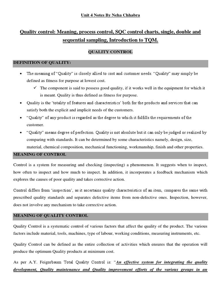 Quality Control Notes on Meaning, Process Control Charts | PDF ...