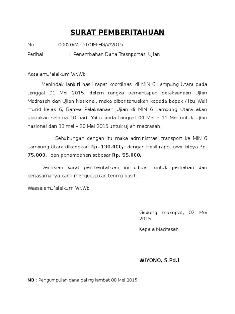 Contoh Surat Pemberitahuan | PDF
