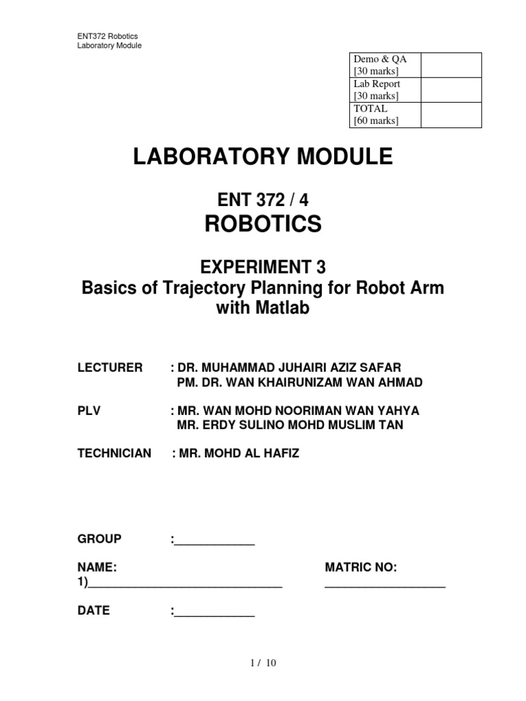 Lab 3 - Basic Trajectory Planning With Matlab | PDF | Kinematics | Robotics