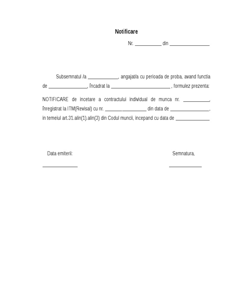 Notificare Incetare Contract Individual de Munca in Perioada de Proba | PDF