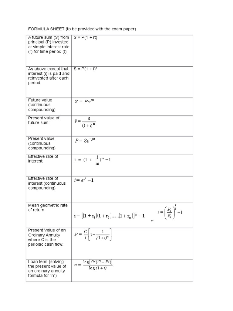 Formulae Sheet | PDF | Present Value | Net Present Value