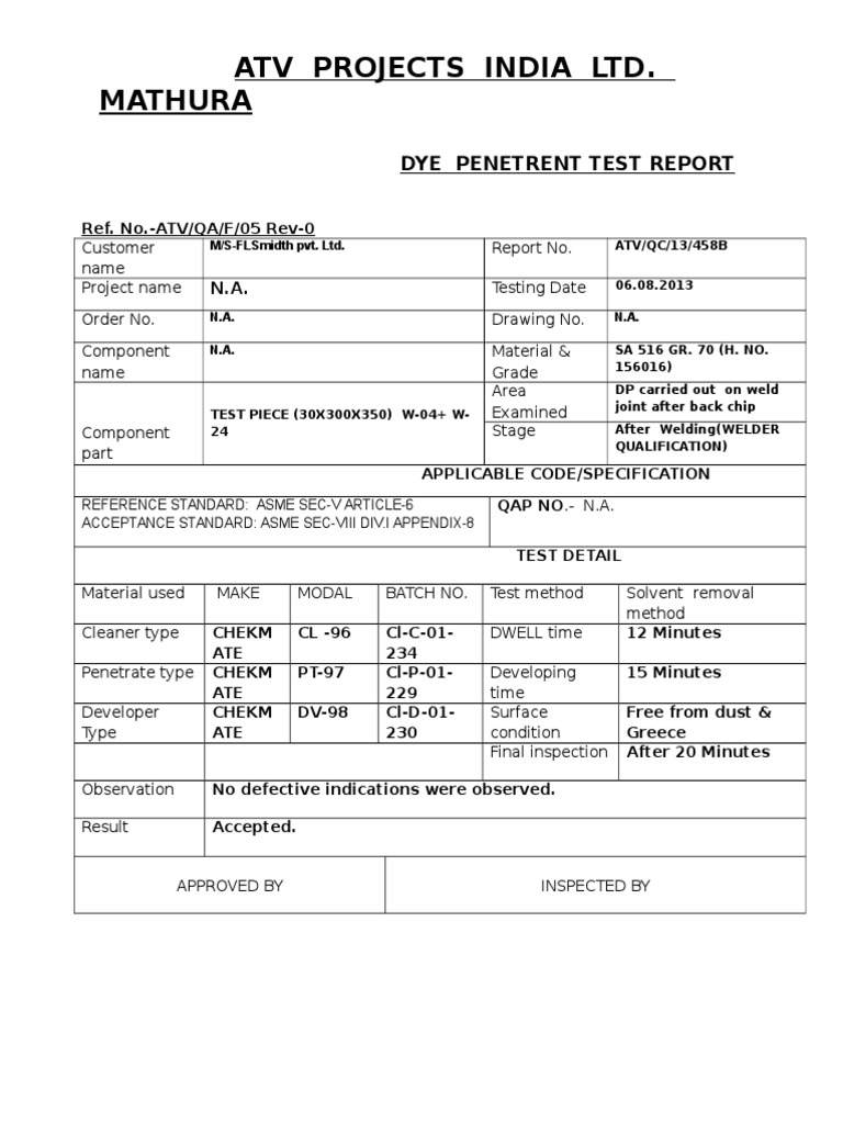 Dye Penetrant Test Report Summary | PDF | Computers