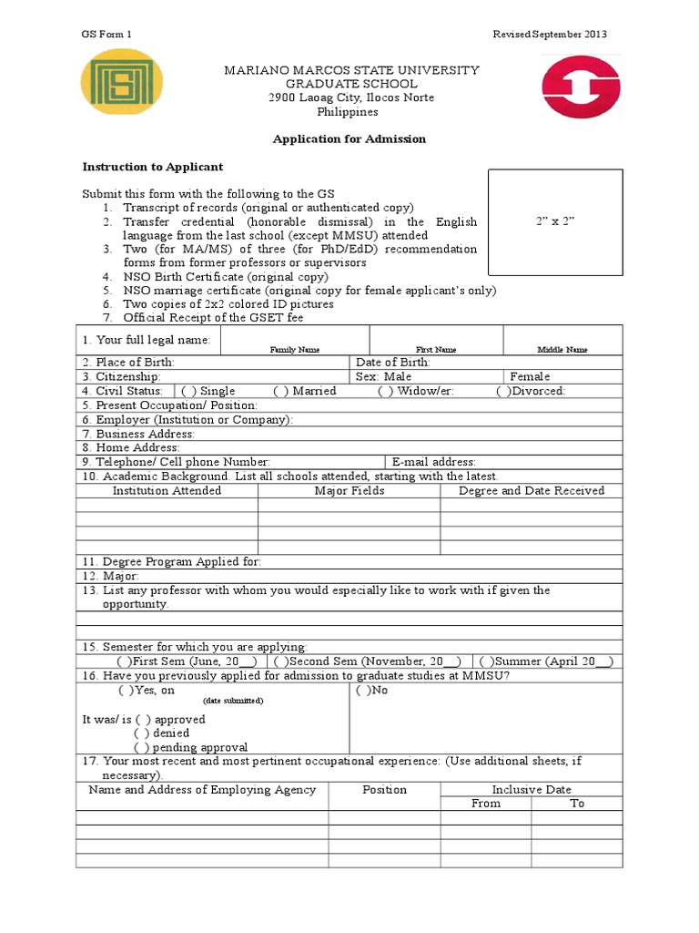 Application For Admission Instruction To Applicant: GS Form 1 Revised ...