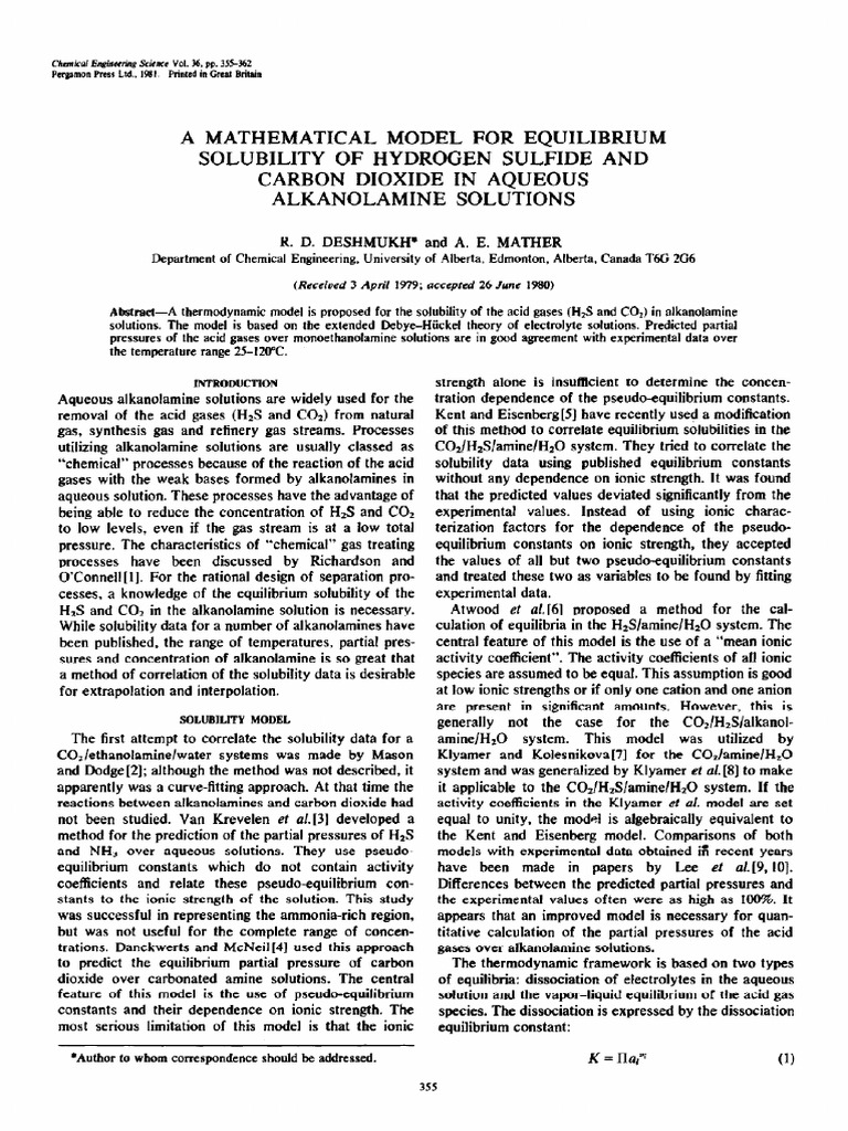 A Mathematical Model For Equilibrium Solubility of Hydrogen Sulfide and ...