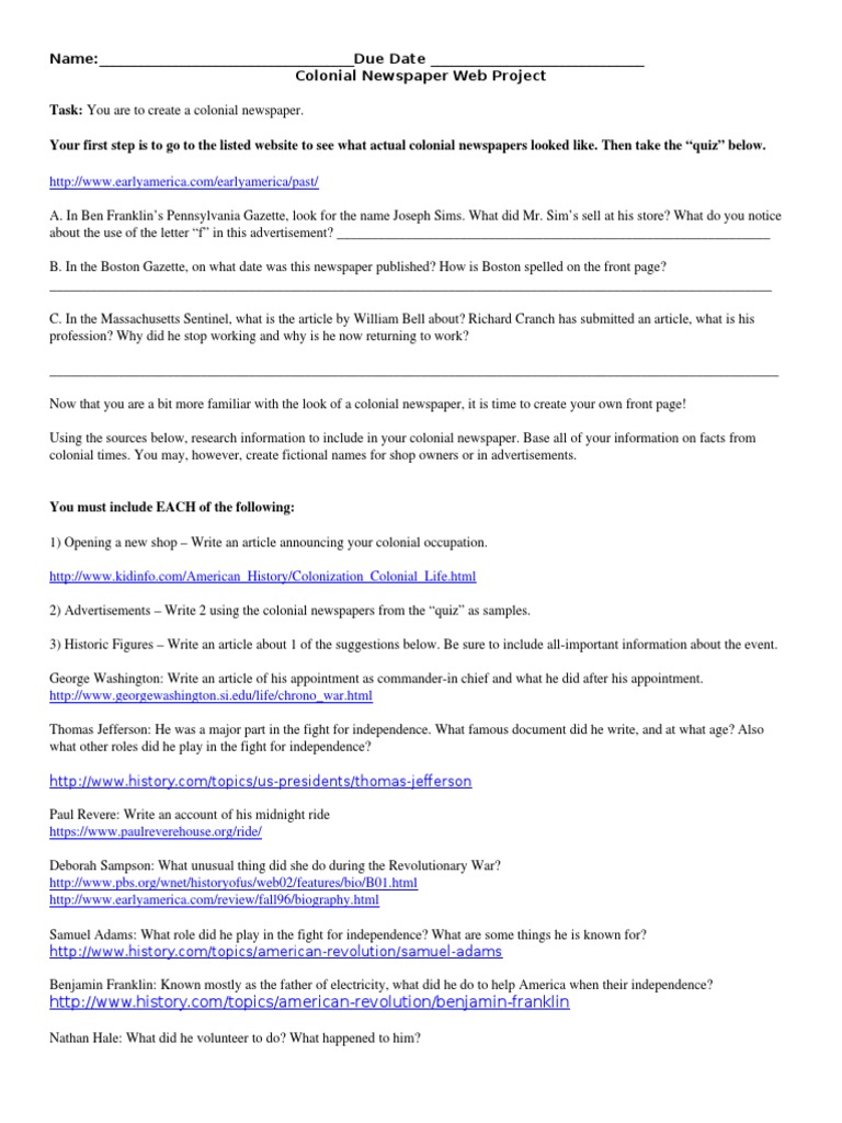 Colonial Newspaper Project Based Assesment | PDF | George Washington ...