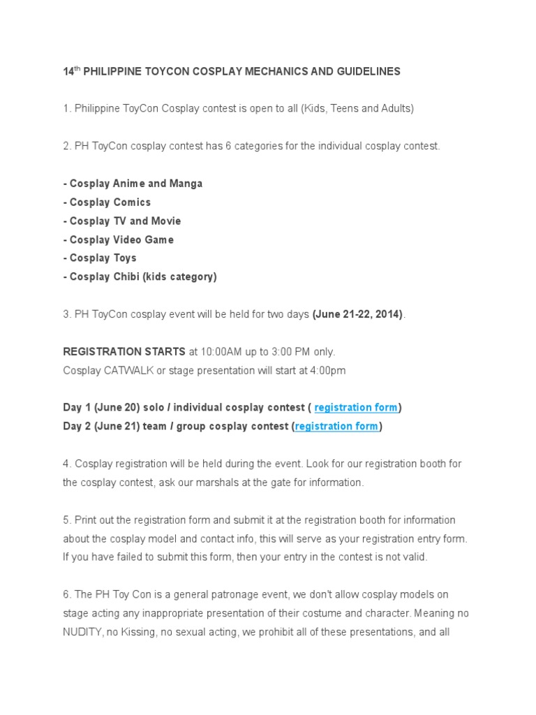 14th Philippine Toycon Cosplay Mechanics and Guidelines | PDF | Cosplay