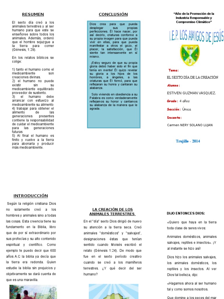 Triptico Sexto Dia Creacion de Dios | Descargar gratis PDF | Mitos de la creación | Dios