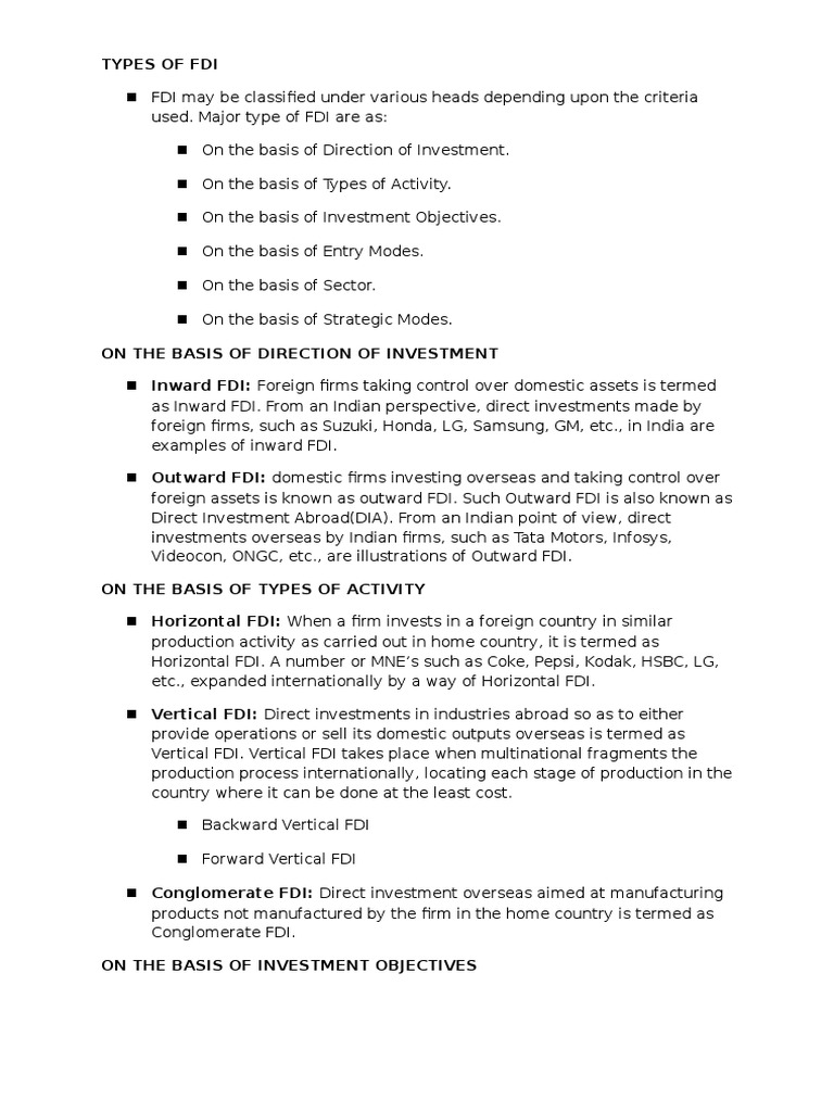 Types of Fdi | PDF | Foreign Direct Investment | Exports