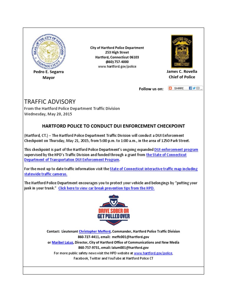 Traffic Advisory: Hartford Police To Conduct Dui Enforcement Checkpoint ...
