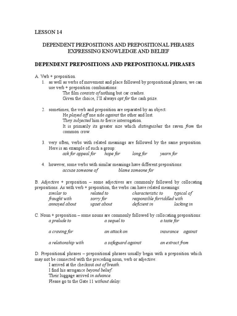 LESSON 14 - Dependent Prepositions and Prepositional Phrases Expressing ...