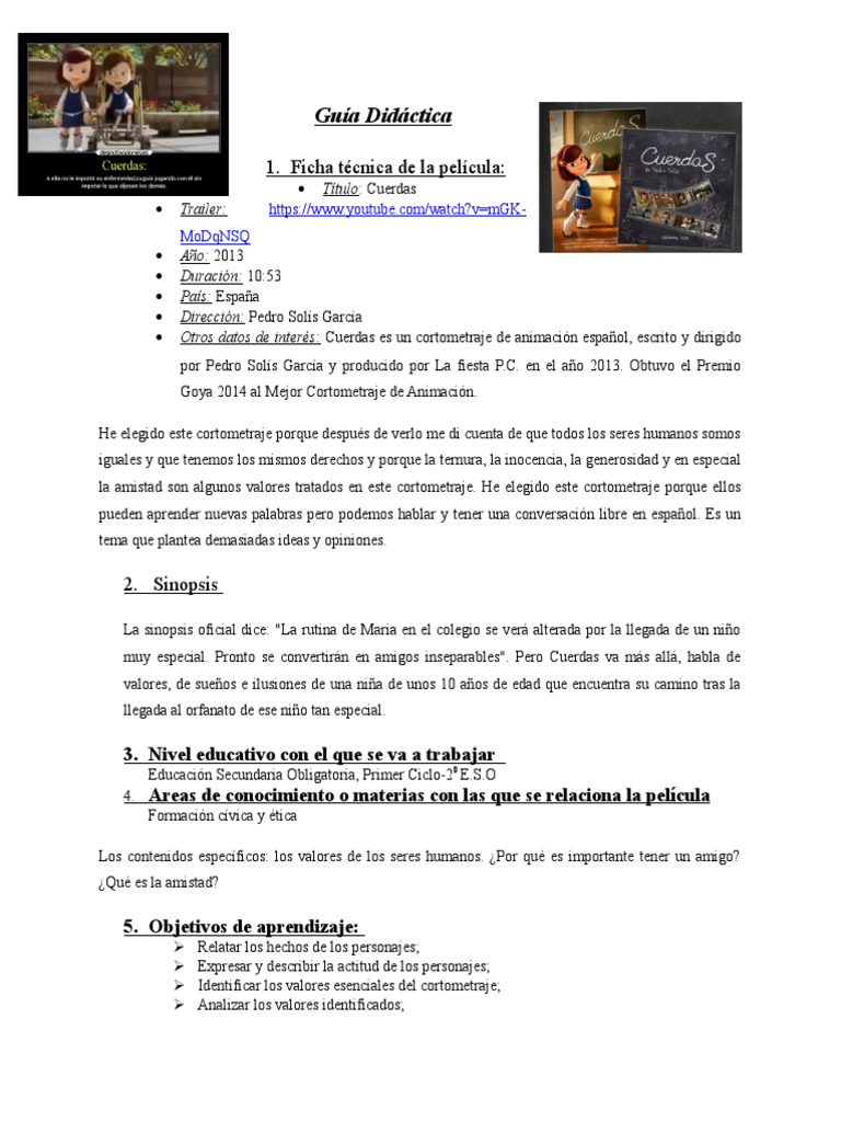Ficha Didáctica: Cortometraje "Cuerdas" | PDF | Actitud (psicología) | Ocio