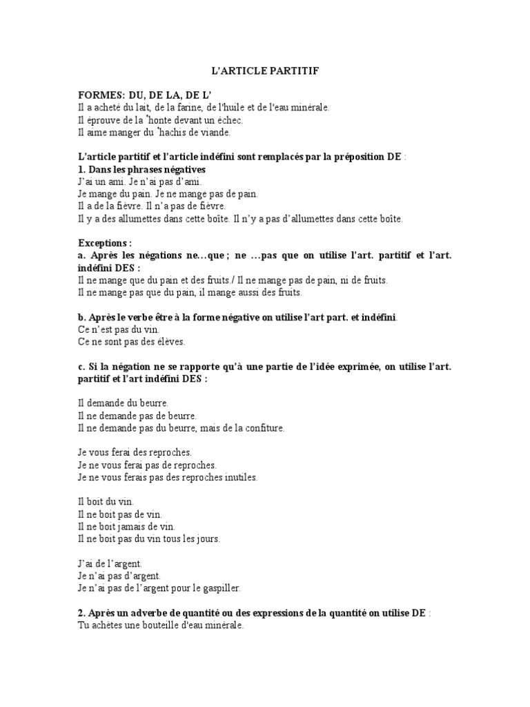 L'usage des articles partitifs en français | PDF | Nom (grammaire) | Pains
