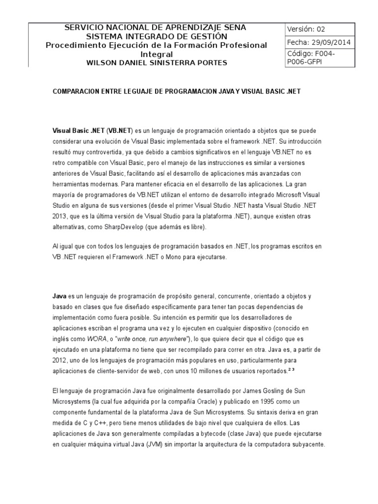 Comparacion Entre Leguaje de Programacion Java y Visual Basic | PDF ...
