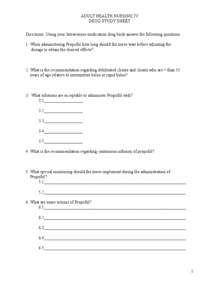 Propofol Drug Study Sheet | PDF | Self-Improvement