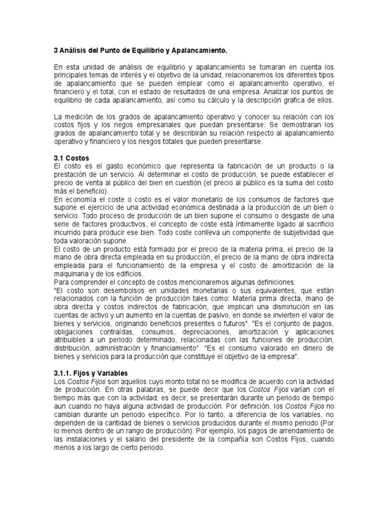 3 Análisis Del Punto de Equilibrio y Apalancamiento | PDF | Apalancamiento (Finanzas) | Costo