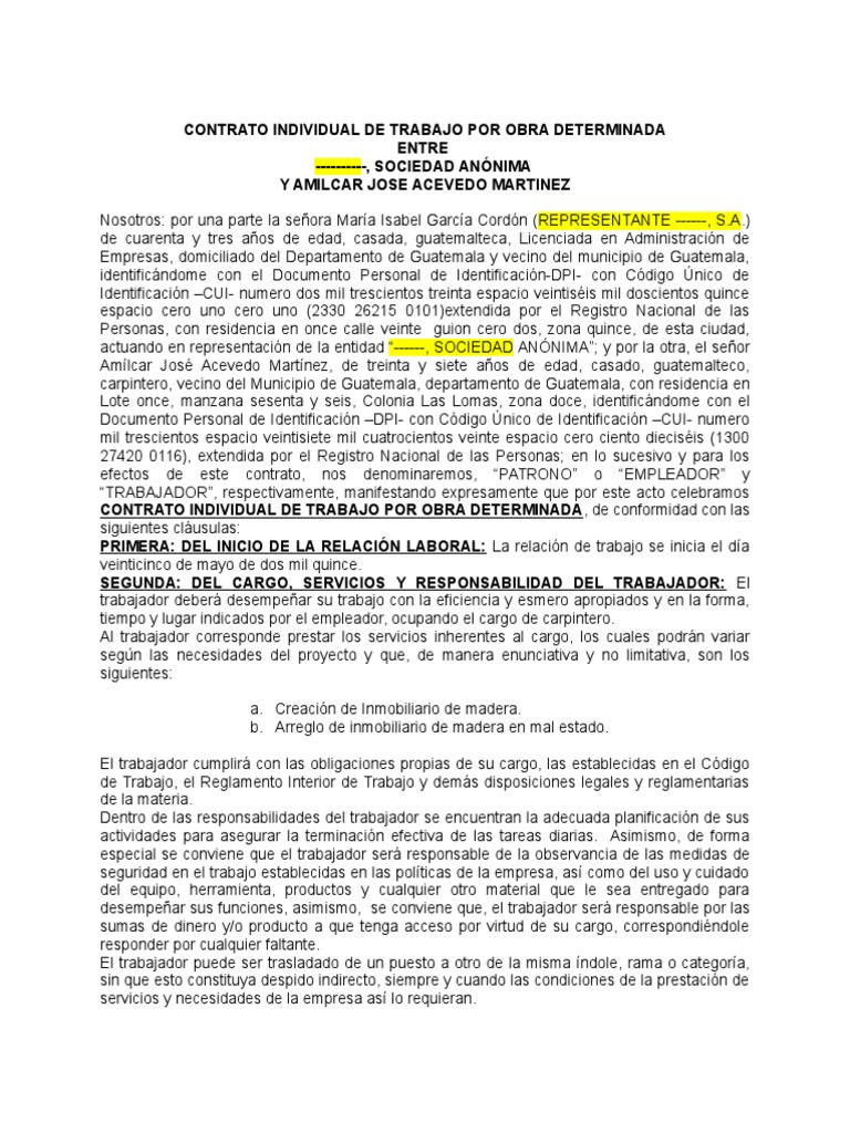 Contrato Individual de Trabajo Por Obra Determinada | Derecho laboral | Guatemala