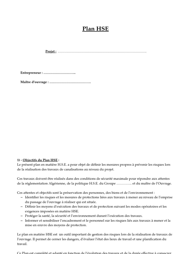 Plan HSE pour Travaux de Canalisation | PDF | Sécurité | Lutte contre l ...
