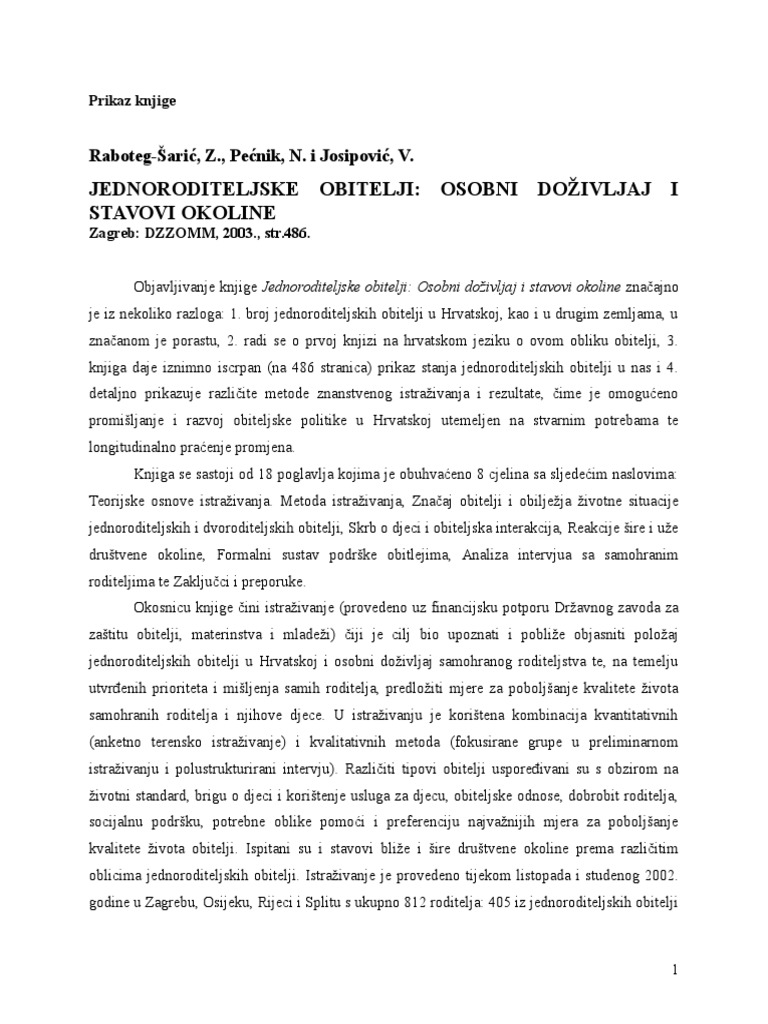 Prikaz Knjige Jednoroditeljske Obitelji | PDF