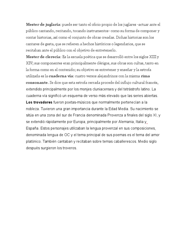 Mester de Juglaría y Clerecía en la Edad Media | PDF | Literatura en ...