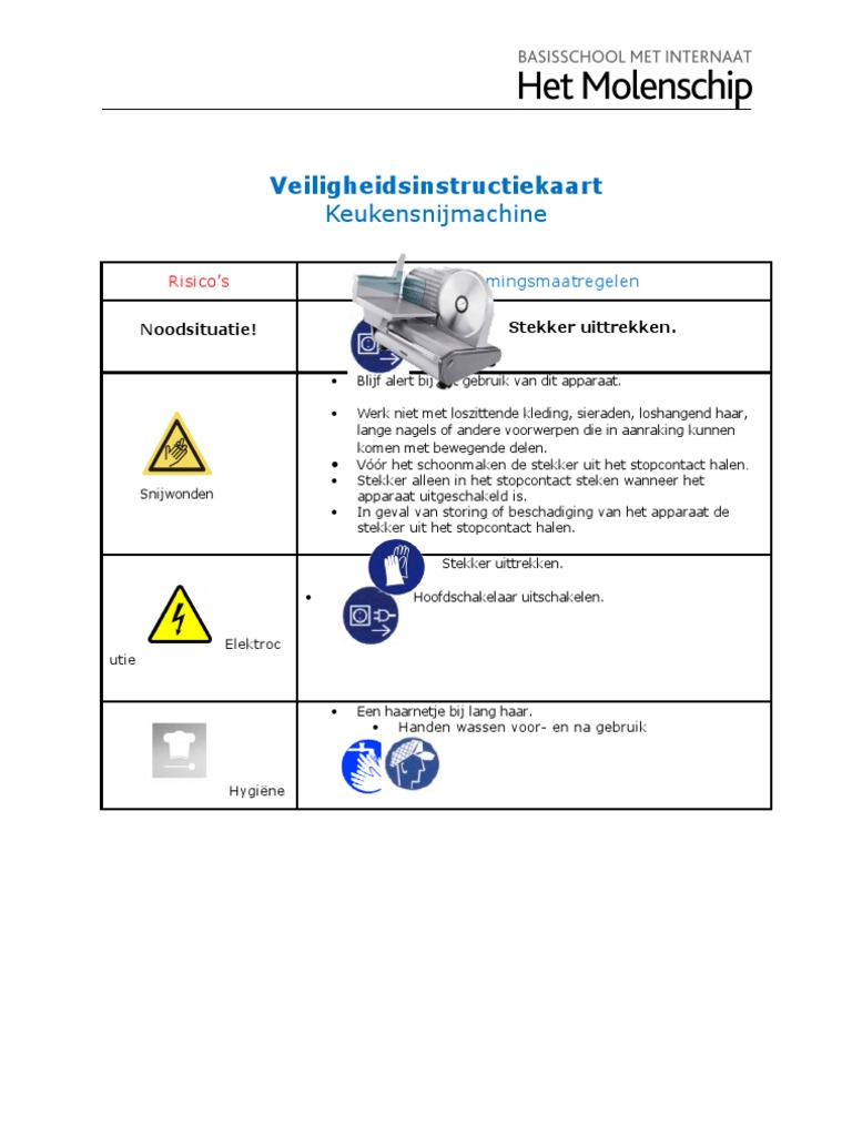 Veiligheidsinstructiekaart Keukensnijmachine | PDF