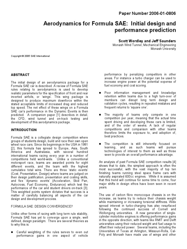 Aerodynamics For Formula SAE Initial Design and Performance Prediction ...