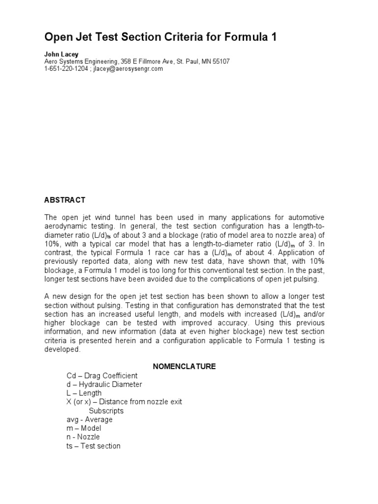 Open Jet Test Section Criteria For Formula 1 | Download Free PDF | Wind ...