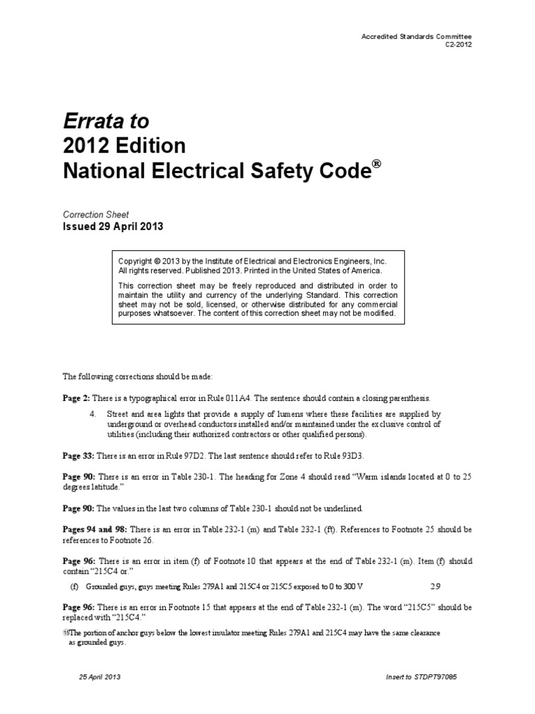 ANSI C2-2012 Errata | PDF | Cable | Electric Arc