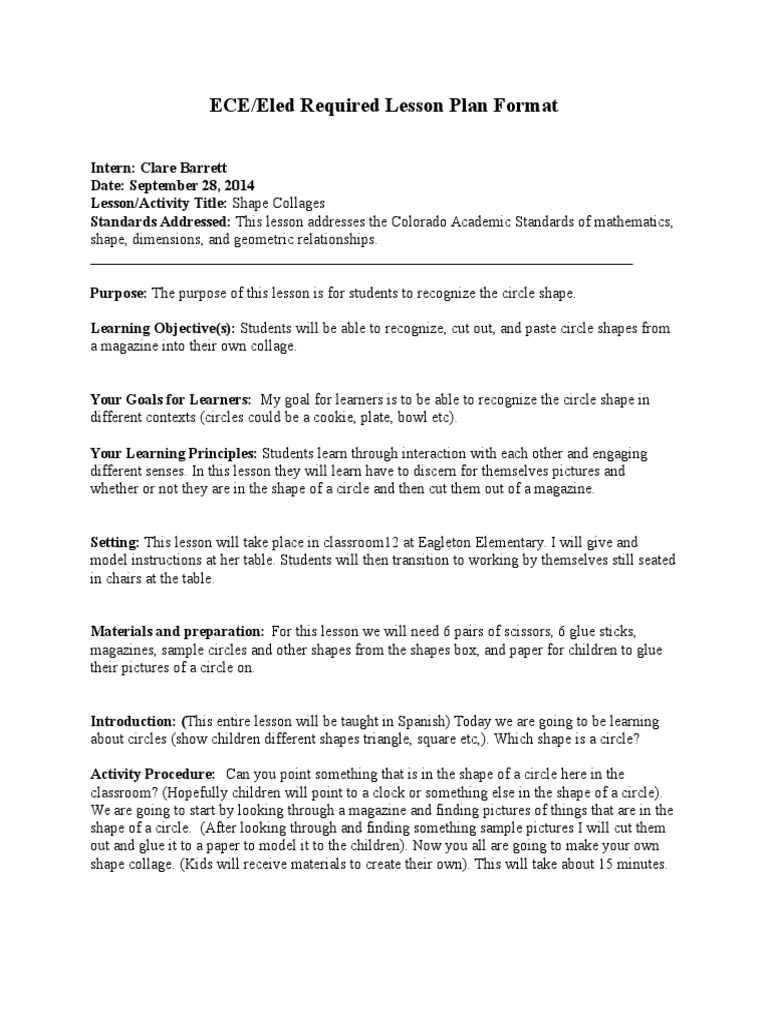 ECE/Eled Required Lesson Plan Format | PDF | Art | Self-Improvement