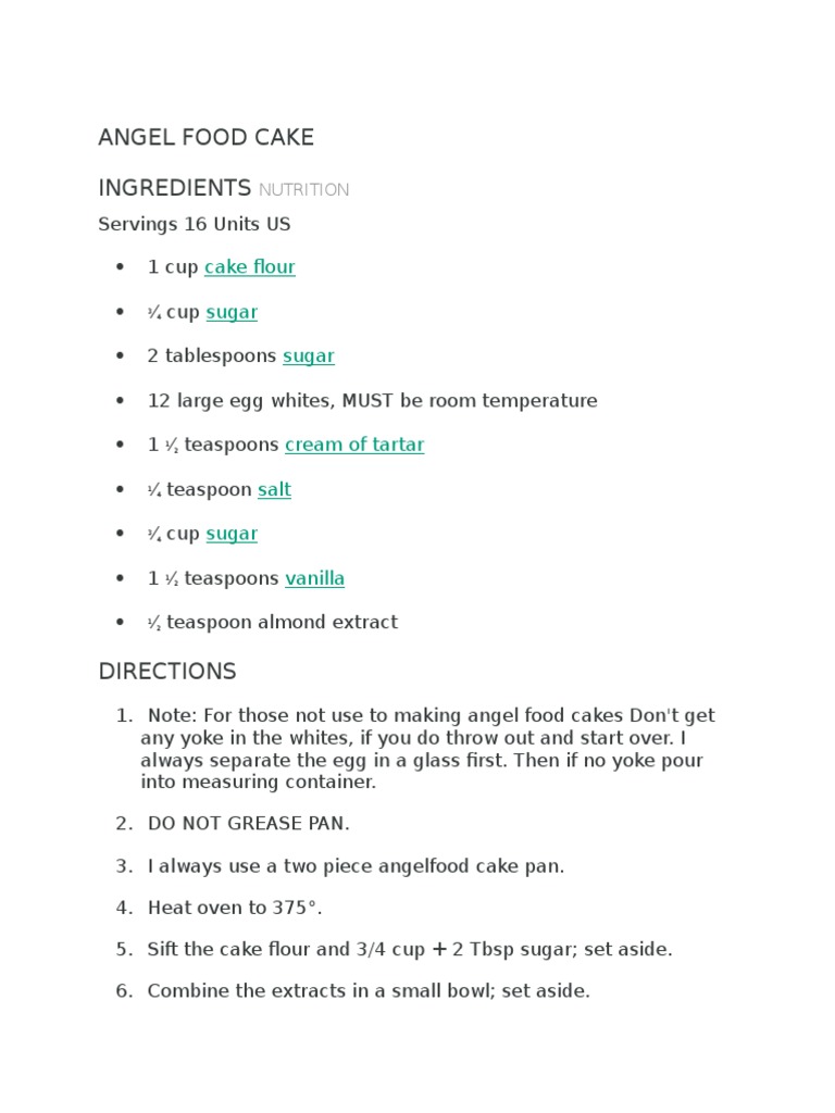 Angel Food Cake Ingredients: Cake Flour Sugar Sugar | PDF