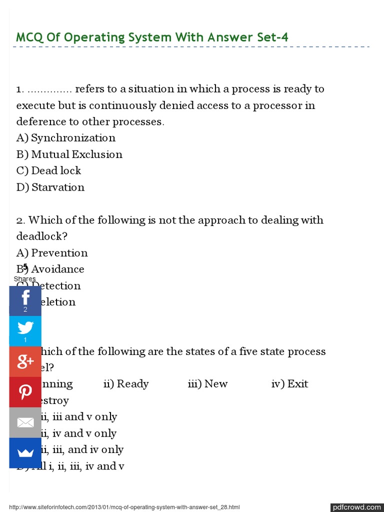OS MCQs with Answers: Set 4 | PDF | Process (Computing) | Operating System