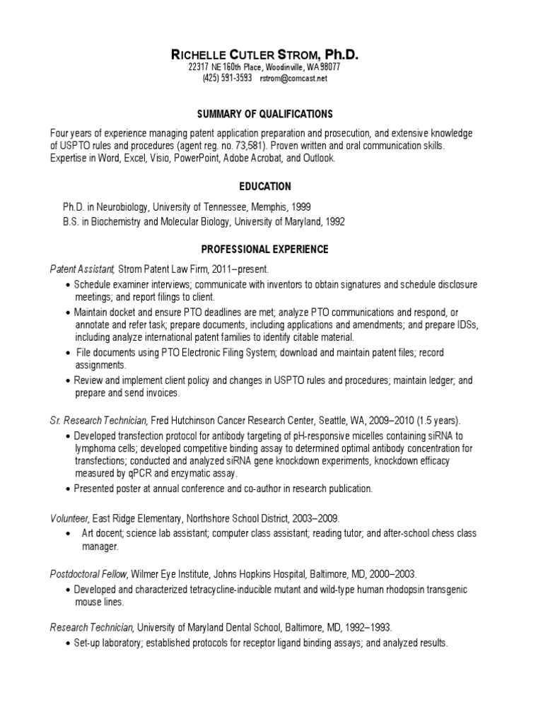 Richelle Cutler Strom-Patent Agent Resume | PDF | Self-Improvement ...
