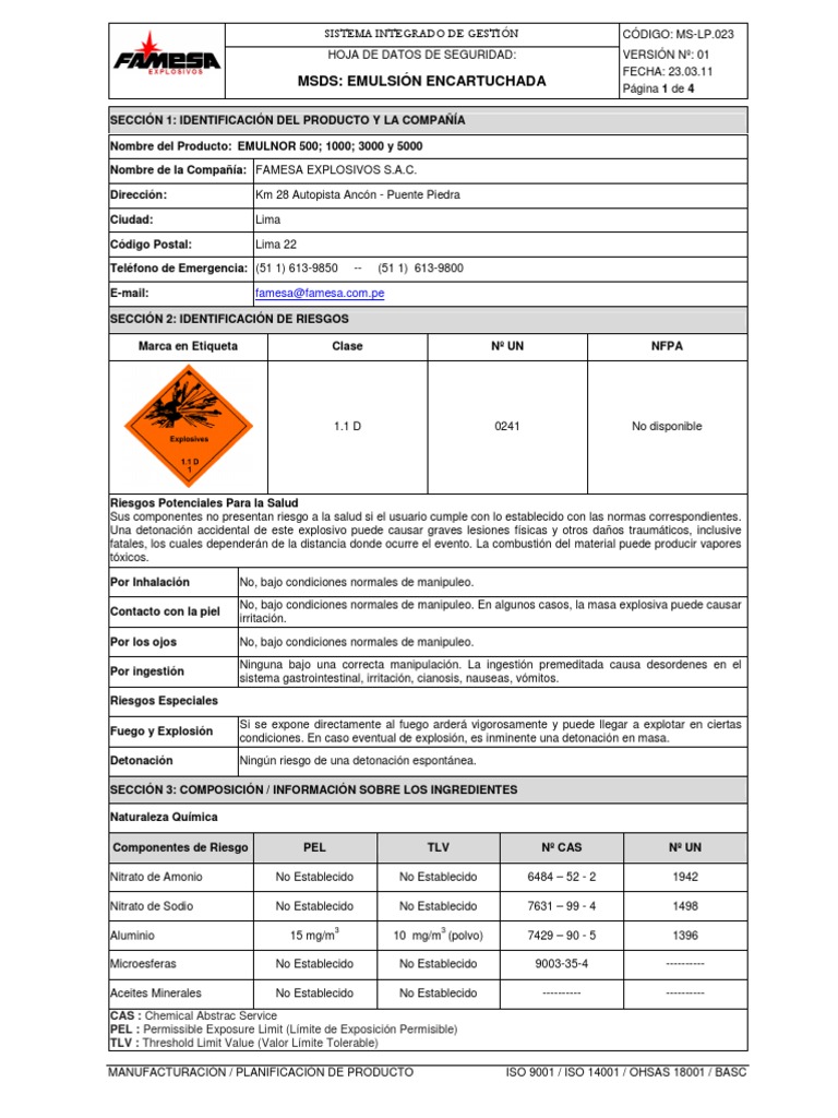 Emulsion Encartuchada - Famesa | PDF | Material explosivo | Residuos