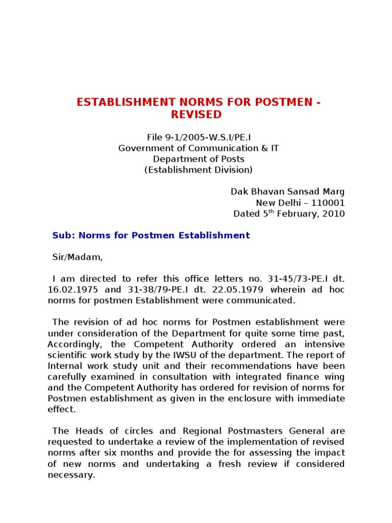 Establishment Norms For Postmen | PDF | United States Postal Service | Mail