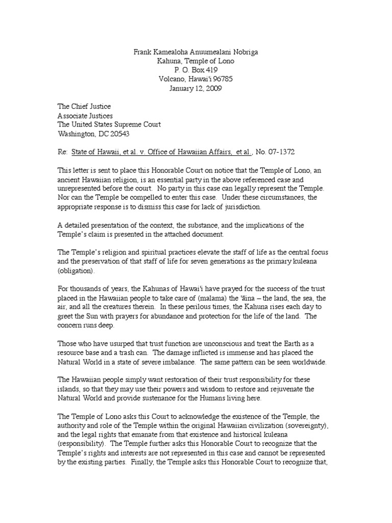 Exhibit 9 - Temple of Lono Letter To U.S. Supreme Court | PDF | Kingdom ...