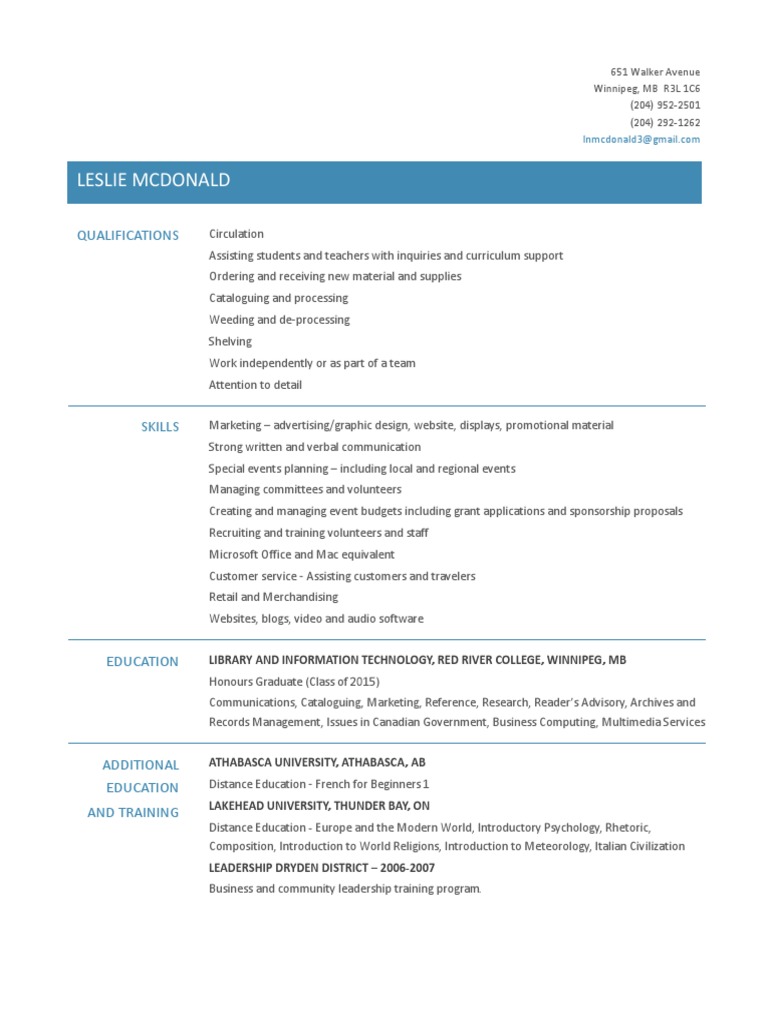 Leslie McDonald's Library Technician Resume | PDF | Manitoba | Libraries