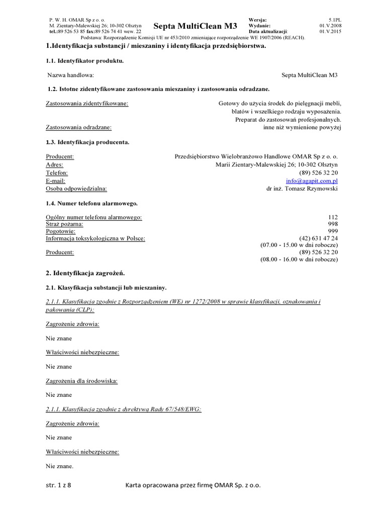 Karta Techniczna Septa Multiclean M3 | PDF