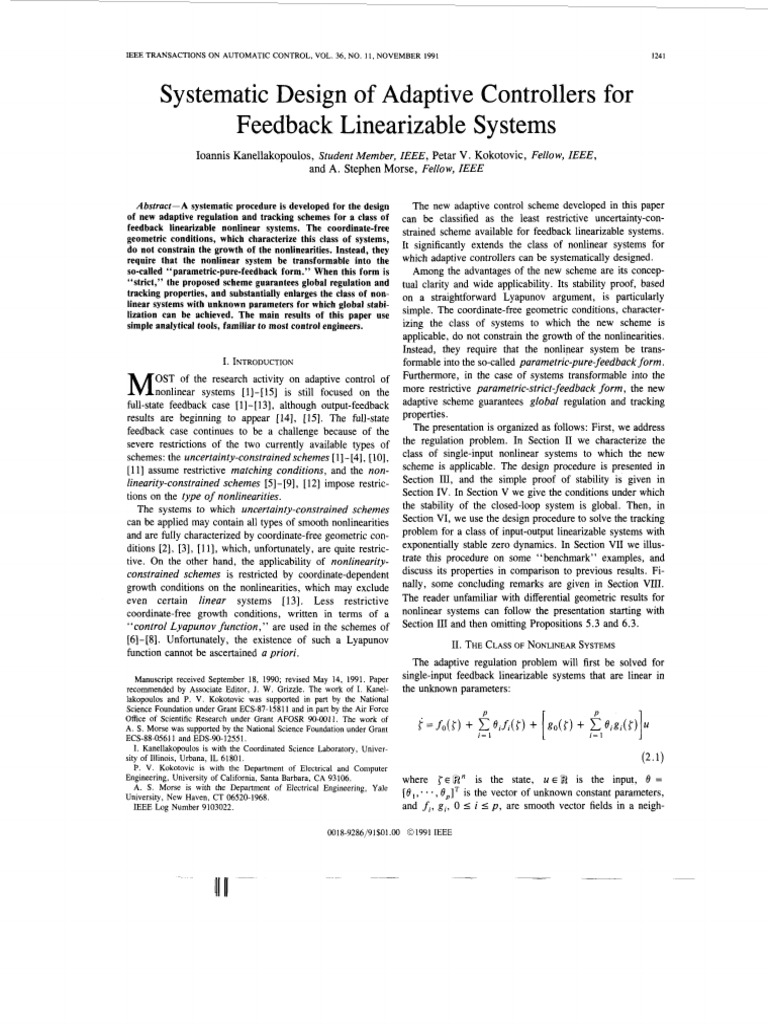 Systematic Design Adaptive Controllers For Feedback Linearizable Systems | PDF | Stability ...