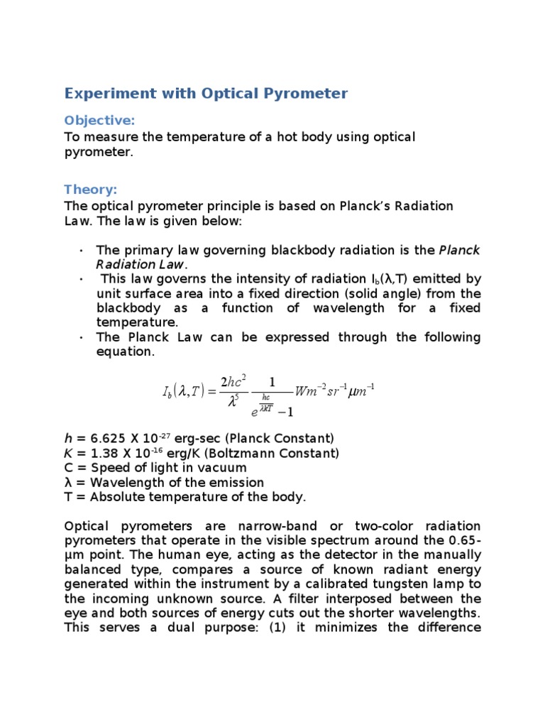 Experiment With Optical Pyrometer | PDF | Optics | Radiation